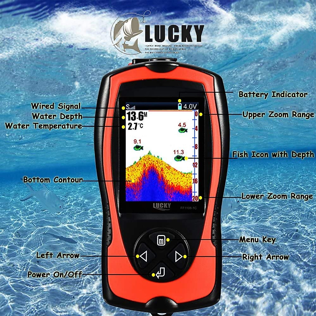 LUCKY Portable Fish Finder Transducer Sonar Sensor 147 Feet Water Depth Finder LCD Screen Echo Sounder Fishfinder with Fish Attractive Lamp for Ice Fishing Sea Fishing