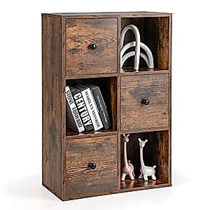 Giantex 6-Cube Bookcase with Drawers, 3-Tier Freestanding Wooden Bookshelf with Anti-toppling Device, Wood Cube Storage Organizer for Kids Room, Living Room, Study, Bedroom, Rustic Brown