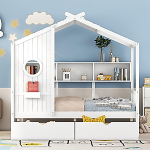 Bellemave Twin Size House Bed with 2 Storage Drawers,Kids Bed with Storage Shelves,Wooden House Bed Frame for Girls,Boys,Can be Decorated,White