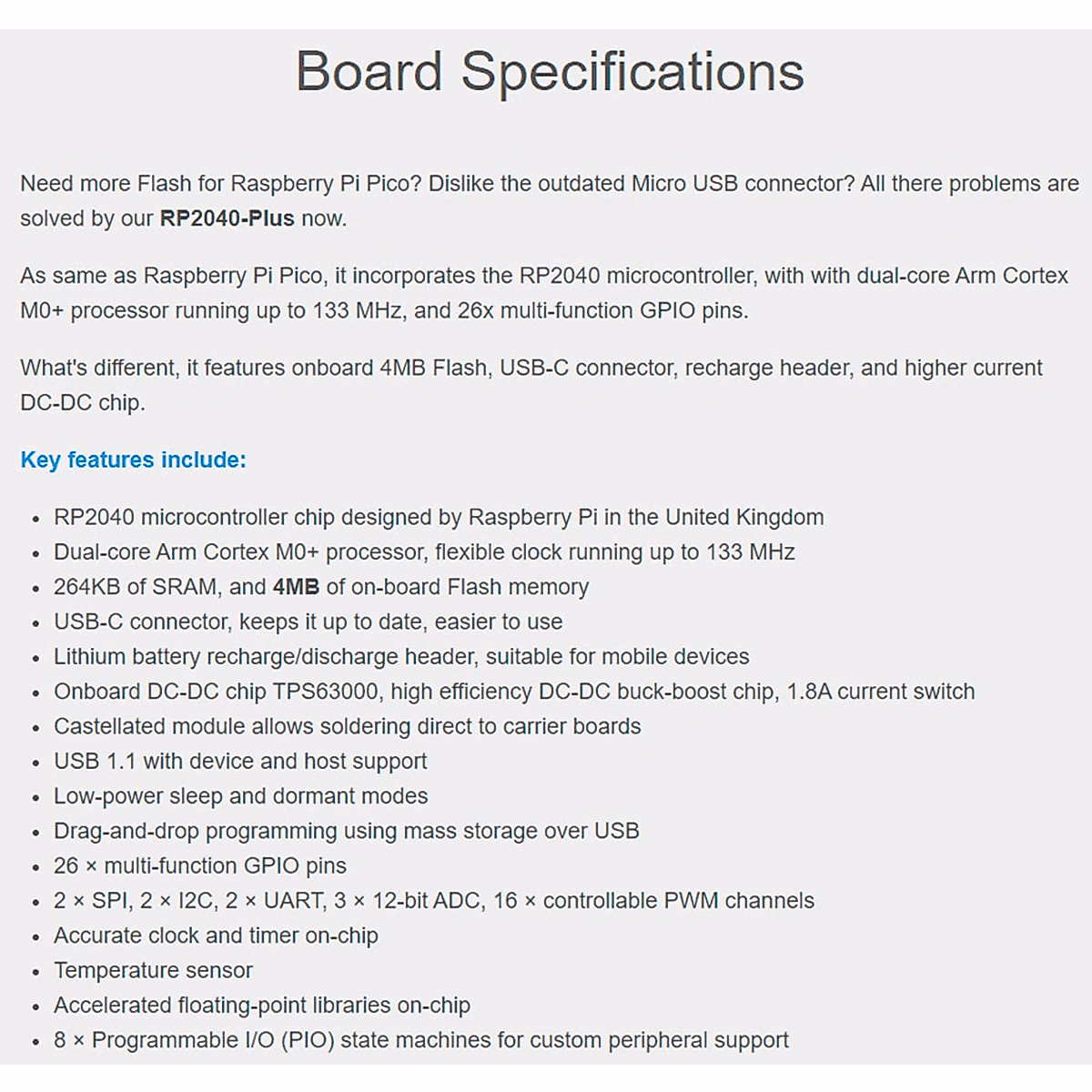 waveshare RP2040-Plus Board with Pre-Soldered Header, Pico-Like MCU Board Based on Raspberry Pi RP2040, Dual-Core Arm Cortex M0+ Processor Onboard 4MB Flash,USB-C Connector,Recharge Header,etc