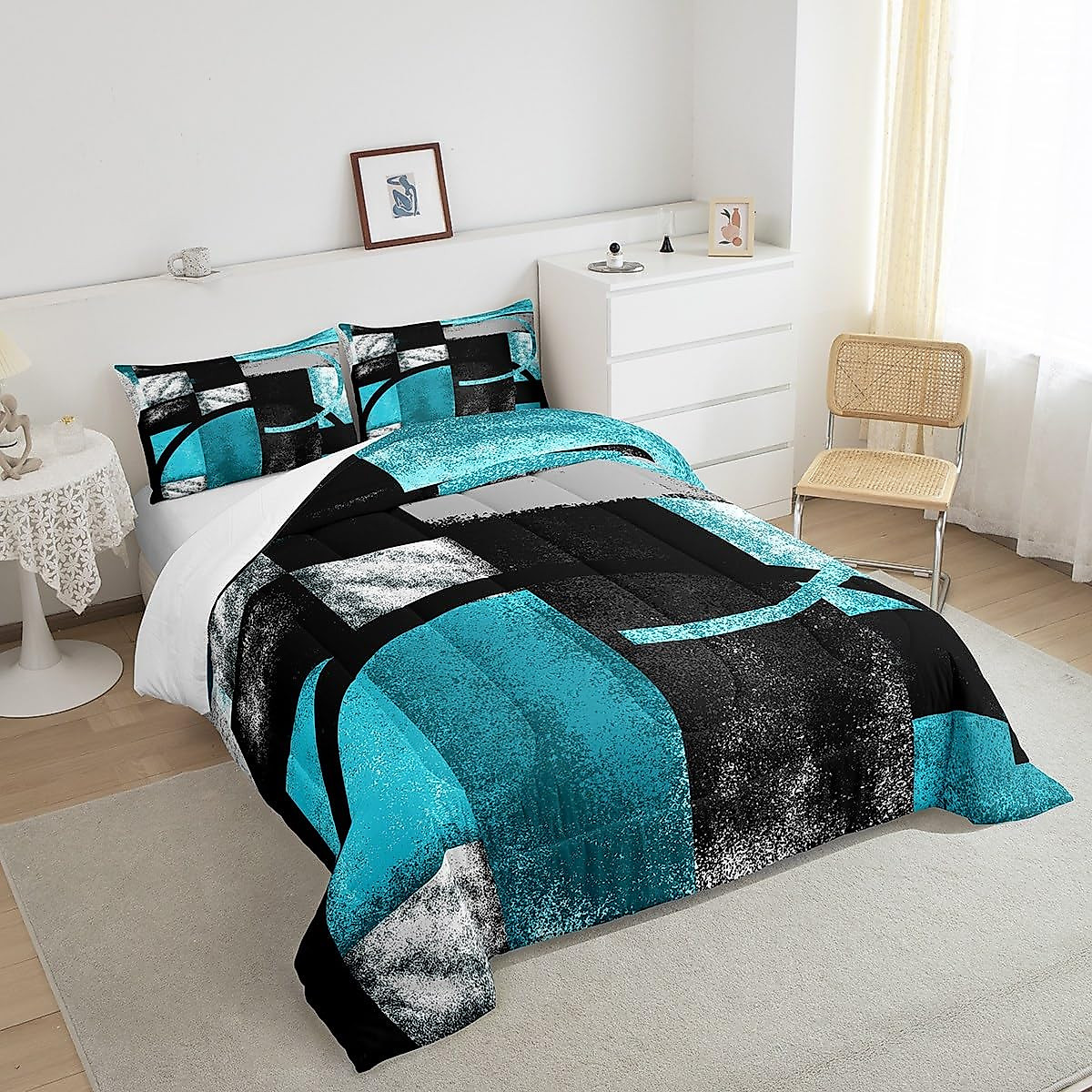 jejeloiu Abstract Turquoise and Black Bedding Set Queen Size, Grunge Teal Ombre Comforter Set Gray Black Blue Stripe Comforter for Kids Toddler Abstract Art Duvet Set Lightweight Quilt Set Queen Size