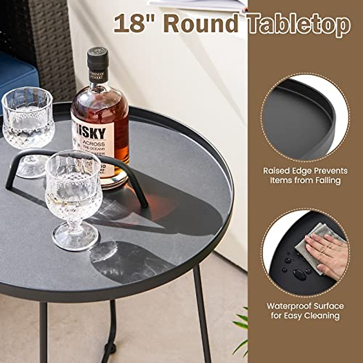 Tangkula Outdoor Side Table with Handle, 18" Round Small Coffee Accent Table for Indoor & Outdoor, Modern Rustproof Tray Metal End Table for Patio, Living Room, Balcony, Backyard, Poolside, Porch