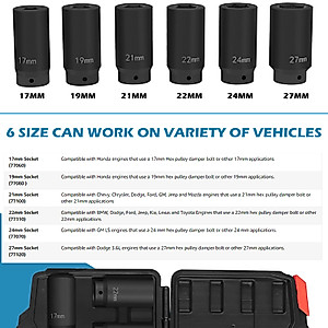 1/2" Drive Crank Bolt Socket Set, 17MM, 19MM, 21MM, 22MM, 24MM 27MM, Harmonic Balancer Socket Set, Crank Bolt Removal Tool, 3 Times Momentum Power of Standard Impact Socket Set, Deep Impact Socket Set