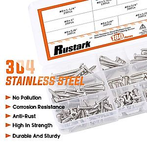 Rustark 180-Pcs [#8 3/8" to 1-1/2"] 304 Stainless Steel Round Pan Head Phillips Cross Wood Screws Self Tapping Drilling Screws Assortment Kit