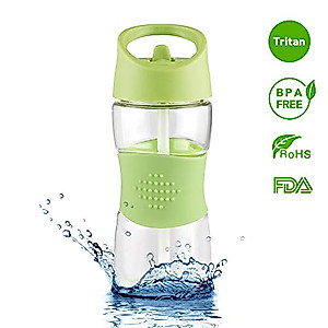 Sivphe Kids Water Bottle with Straw 12oz Leakproof Little School Small Tritan Plastic Drinking Bottle for Boys and Girls Indoor and Outdoor(Green)