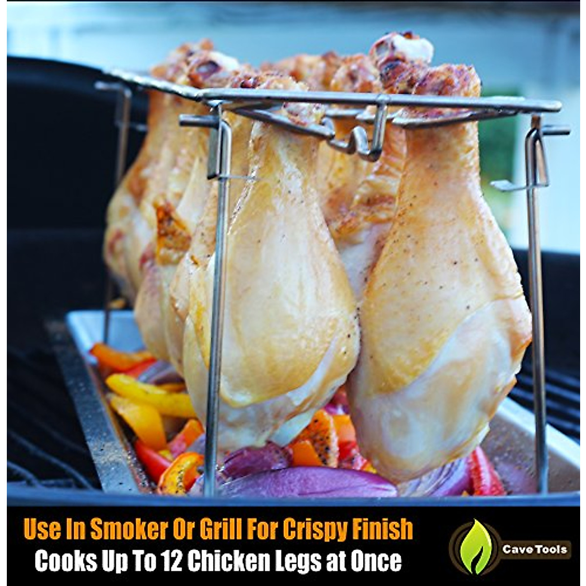 Cave Tools Chicken Wing & Leg Rack for Barbecue Grill Smoker or Oven - Stainless Steel Vertical Roaster Stand & Drip Pan/Grill Grease Tray for Cooking Vegetables in BBQ Juices - Dishwasher Safe