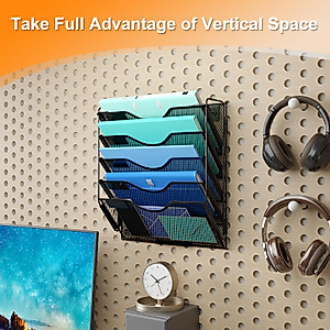 5 Pockets Wall File Organizer Hanging File Organizer Wall Mount Mail Organizer Magazine Rack, Mesh Hanging Wall File Holder Wall Organizer for Office Home