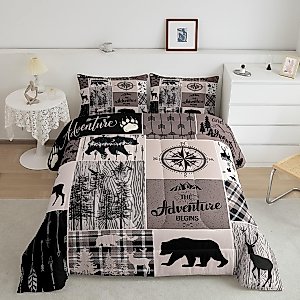 Bear Deer Duvet Insert King, Rustic Farmhouse Patchwork Comforter Set For Kids Boys Teens Adult, Vintage Cabin Lodge Decor Bedding Set Woodland Animal Duvet Sets Buffalo Plaid Country Decor, Brown