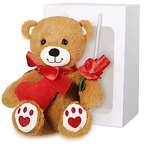 Cute Plush Bear with Rose and Red Heart Soft Plush Bear Stuffed Animal with Gift Bag for Mother's Day Present Lovely Bear for Kids Girlfriend Sofa Car Bedroom Decor, 8 Inches