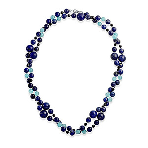 Bling Jewelry Long Wrap Around Layer Blue Shades Aqua Quartz Blue Lapis Black Onyx Gemstone Ball Bead Strand Necklace For Women 40 Inch