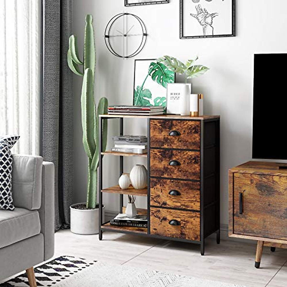 Furologee Fabric Dresser with 4 Drawers and Side Shelf,Industrial Lightweight Storage Unit Organizer for Entryway, Bedroom, Nightstand, Office, Kitchen (Rustic Brown)