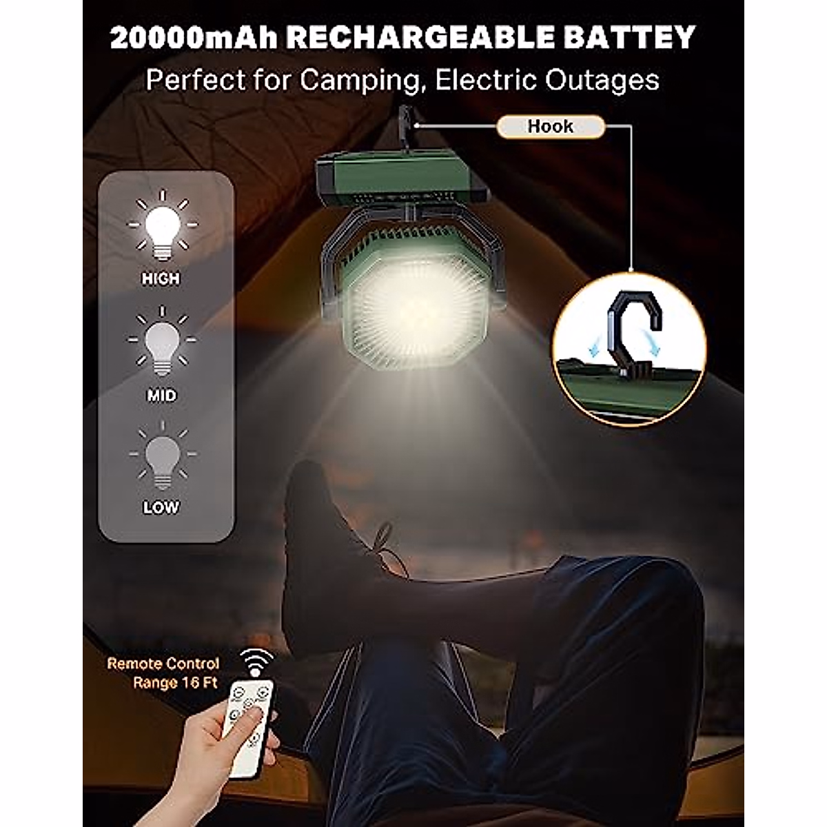 Rechargeable Fan with Auto Oscillating & Remote & Timer & LED Light, 20000mAh 9-Inch Battery Powered Fan(70Hrs), Camping Fan for Tents, Travel, Worksite, Strong Hurricane, USB Cordless Portable Fans