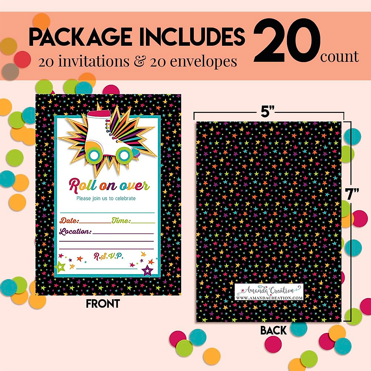 Roller Skating Birthday Party Invitations, 20 5x7 Fill In Cards with Twenty White Envelopes by AmandaCreation