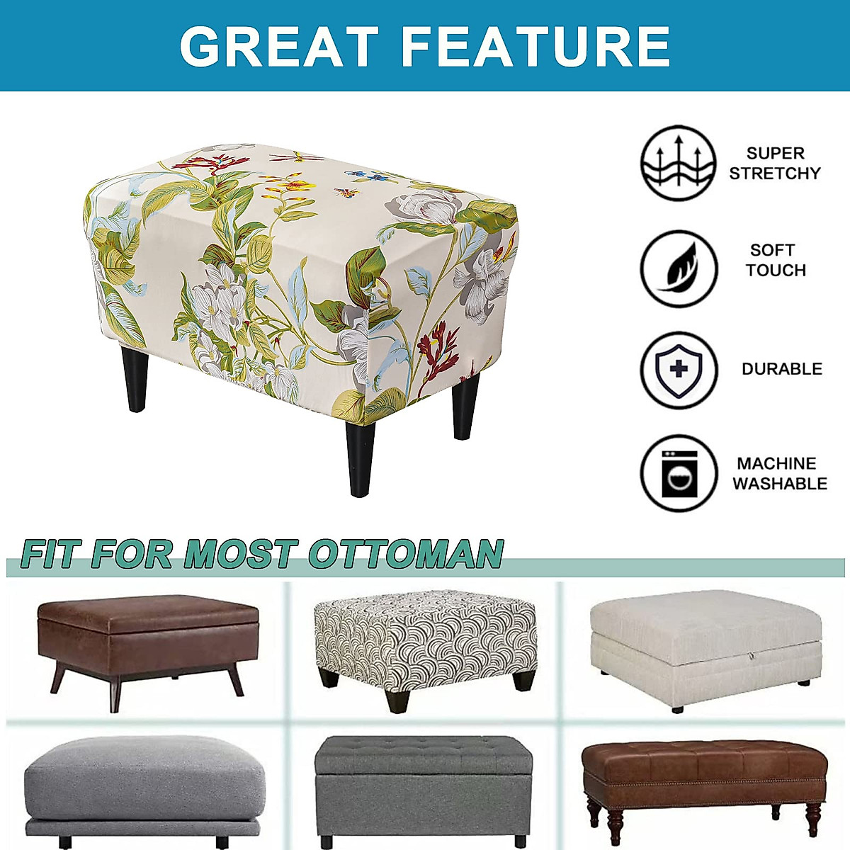 CRFATOP Ottoman Chair Cover X-Large Ottoman Chair Slipcovers Printed Rectangle Storage Stool Cover Stretch Footstool Footrest Sofa Slipcovers with Elastic Bottom,30
