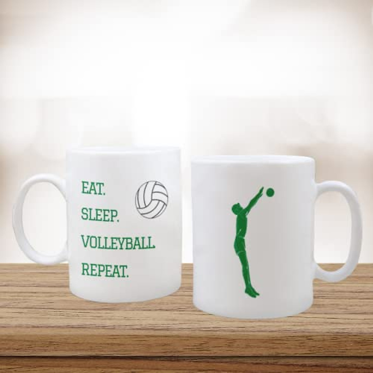 Gifts for Volleyball Players, "Eat Sleep Play Volleyball Repeat" Classic Coffee Mug, 11 Ounce, White and Green, Man Playing Volleyball