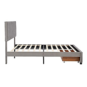 LCH Queen Size Upholstery Platform Bed, Wooden Queen Size Platform Bed Frame with 1 Drawer and Adjustable Headboard, Queen Storage Bed for Kids Teens Adult Bedroom (Grey)
