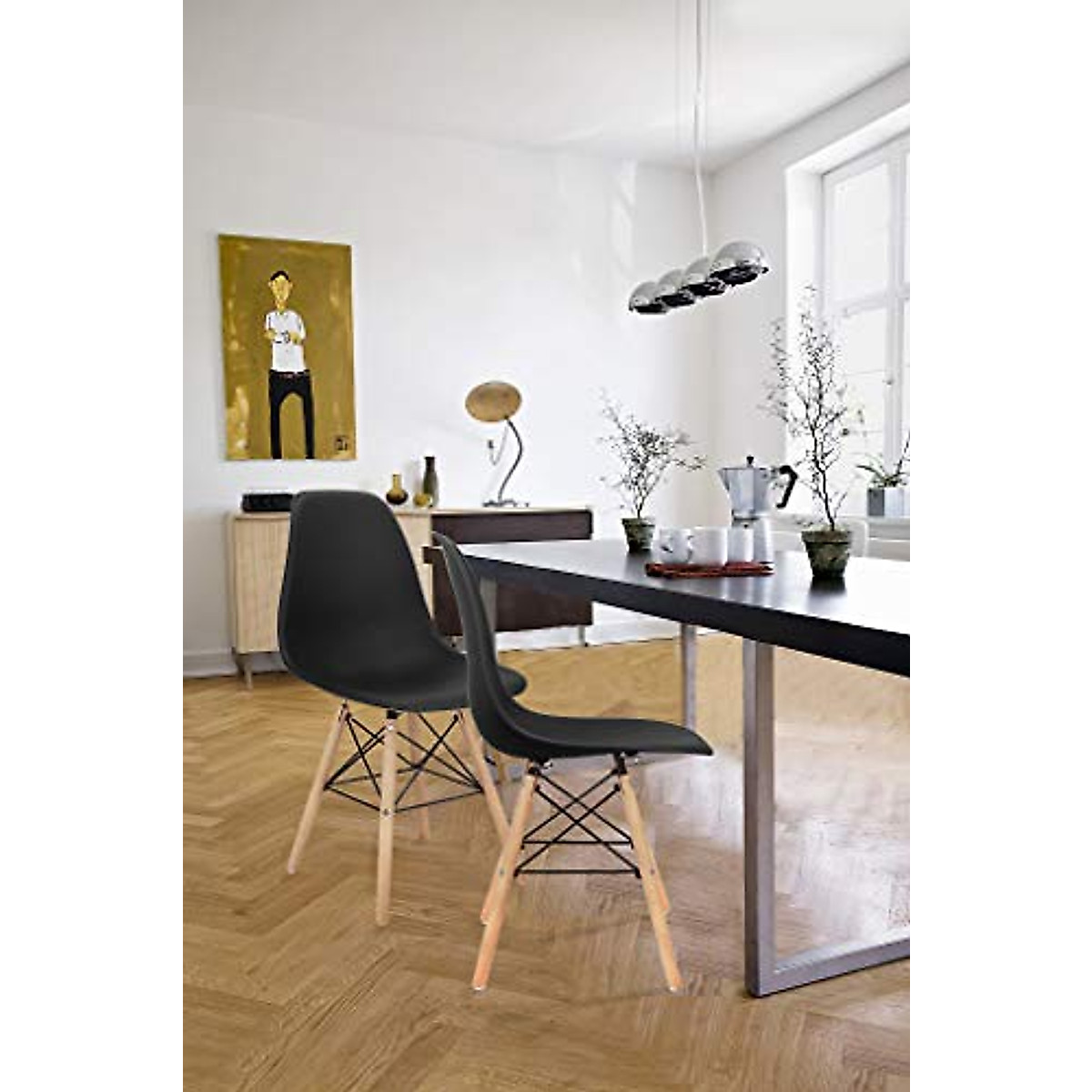 ExAchat A Set of 4 Scandinavian Design Plastic Dining Chairs with Natural Beech Legs for Dining Room, Bedroom, Lounge or Office. (Black)