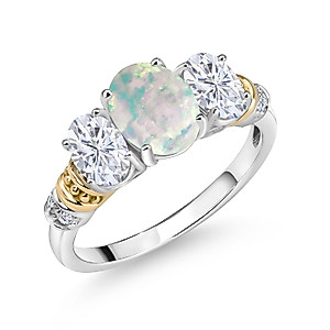 925 Sterling Silver and 10K Yellow Gold Oval White Opal White Moissanite and White Diamond 3 Stone Ring For Women (2.03 Cttw, Gemstone October Birthstone, Available In Size 5, 6, 7, 8, 9)