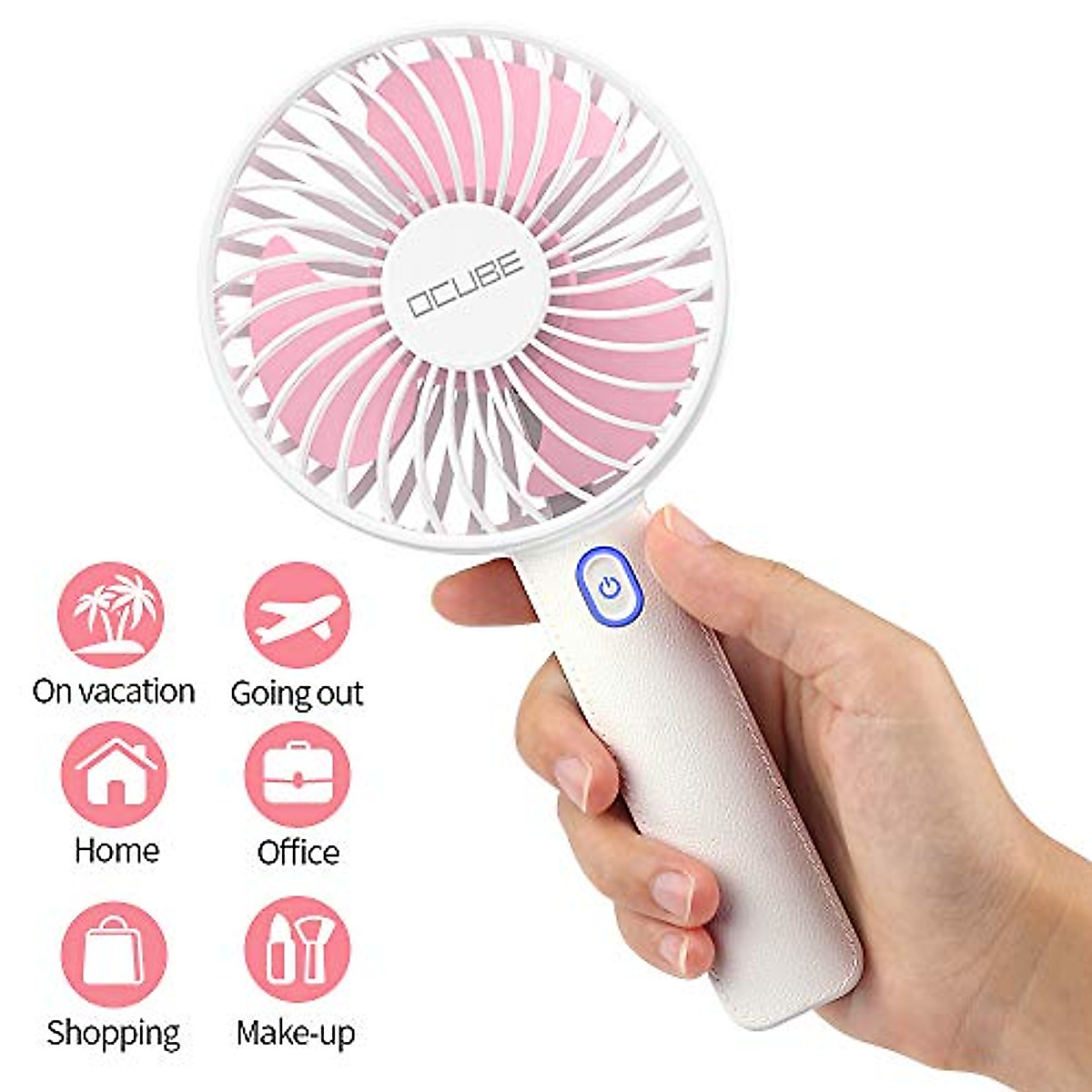 OCUBE Mini Handheld Fan,Small Personal Portable Hand Held Fan with 7 Color LED Light Base,Operated USB Rechargeable Desk Fan,3 Speeds Electric Lash Fan for Makeup (Pink)