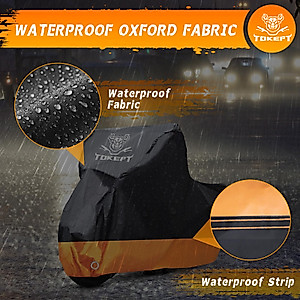 Tokept Motorcycle Cover, All-Season Waterproof Outdoor Sun Protection Fit up to 91 Inch Harley-Davidson Honda Suzuki Kawasaki Yamaha (L Black&Orange)