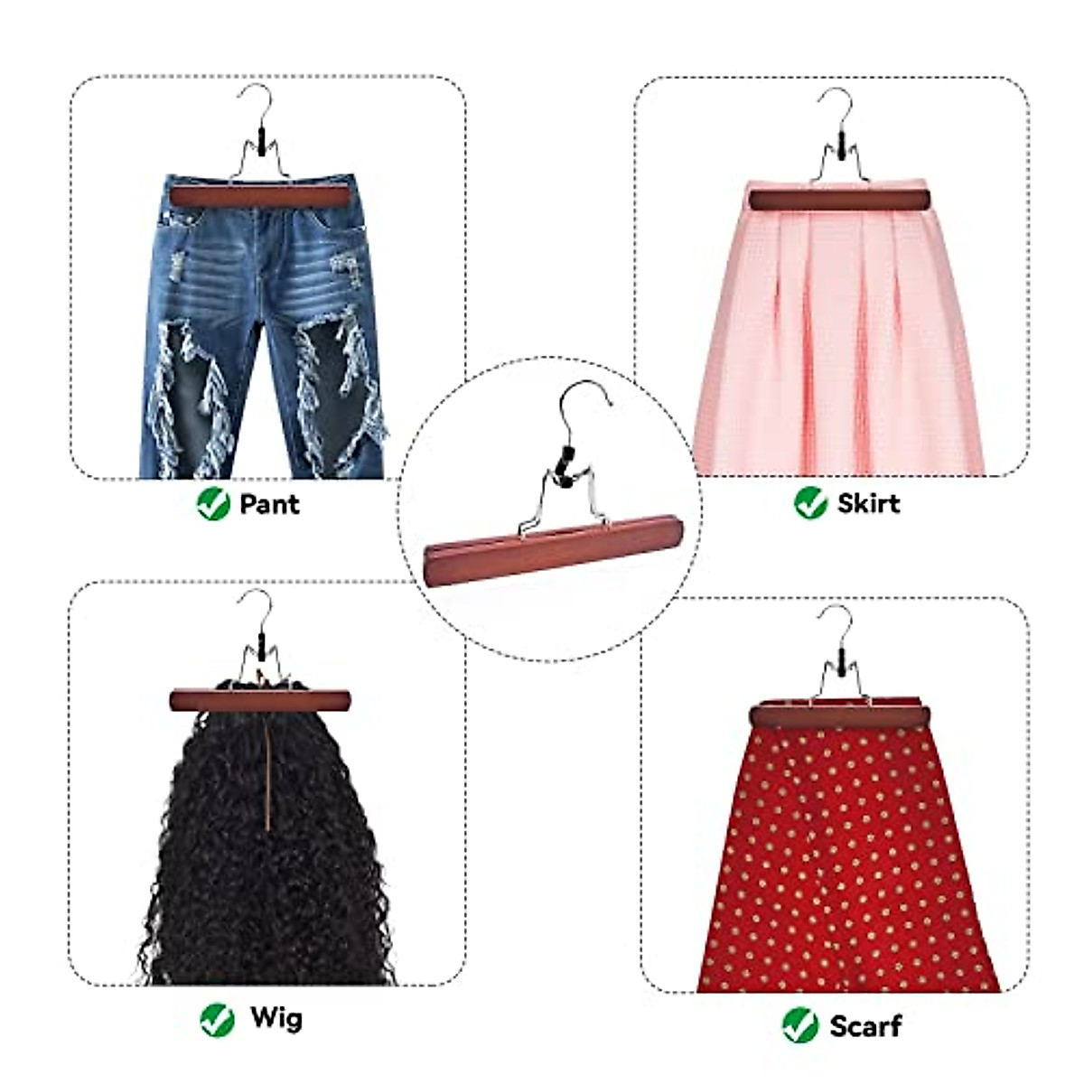 Nature Smile Wooden Pants Skirt Hangers, Smooth Finish Solid Wood Non Slip Jeans Slack Clamp Hangers Hair Extension Hangers (10 Pack Cherry)