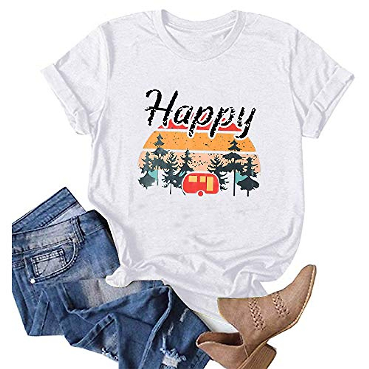 wodceeke Women's Landscape Print Loose T-shirt Short Sleeve Round Neck Basic Tee Summer Vacation Casual Blouse Tops (White, S)