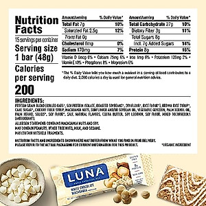 LUNA Bar - White Chocolate Macadamia Flavor - Gluten-Free - Non-GMO - 7-9g Protein - Made with Organic Oats - Low Glycemic - Whole Nutrition Snack Bars - 1.69 oz. (15 Count)