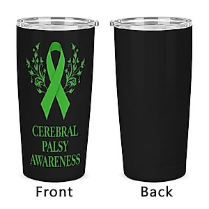 Cerebral Palsy Awareness Green 20 OZ Stainless Steel Tumbler Travel Car Coffee Mug with Straw Lid Cleaning Brush Coffee Tumbler Mug for Women Men