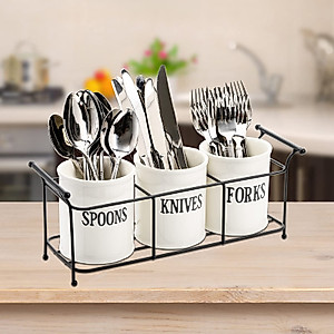 Bekith 3-Piece White Ceramic Silverware Caddy with Black Metal Rack, Utensil Holder Flatware Caddy Cutlery Storage Organizer for Kitchen Table, Cabinet or Pantry