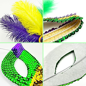 2PCS Mardi Gras Feathers Headband Purple Yellow Green Feather Headband Mardi Gras Sequin Mask Carnival Headband for New Orleans 1920s Carnival Parade Tea Party Halloween Fleur De Lis Hair Band
