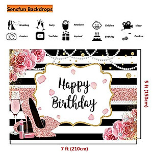 Sensfun 7x5ft Pink Floral Happy Birthday Backdrop for Women Glitter Rose Gold High Heel Champagne Photography Background Black White Stripes Decoration for Girl Sweet Birthday Party Banner Photo Booth