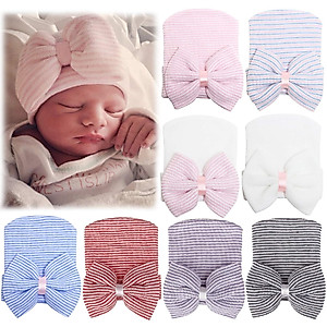 Century Star Newborn Hospital Hat for Girls Infant Baby Hat and Mittens Set with Bow Soft Cute Nursery Beanie Hat Caps Pink white&White&Pink(with Mittens) One Size