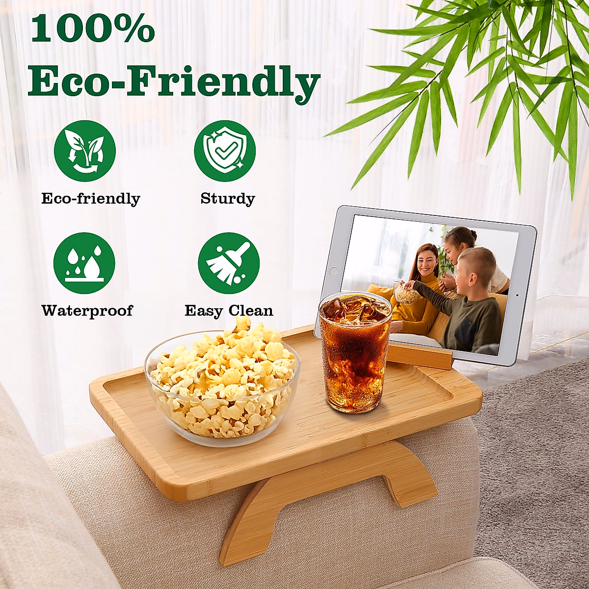 BAMBOOTRAY Couch Arm Table,Sofa Clip on Tray for Armrest Tray,Sofa Arm Table with Phone Holder,Couch Table for Living Room Bedroom,TV Tray Table for Eating & Drinking