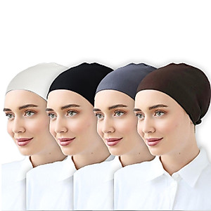 ESERRA Women Under Scarf Hat Hijab Cap Islamic Hijab Undercap Hijab Bonnet Cap Muslim Inner Beanies Hat Underscarf Turban (Black White Brown Gray)