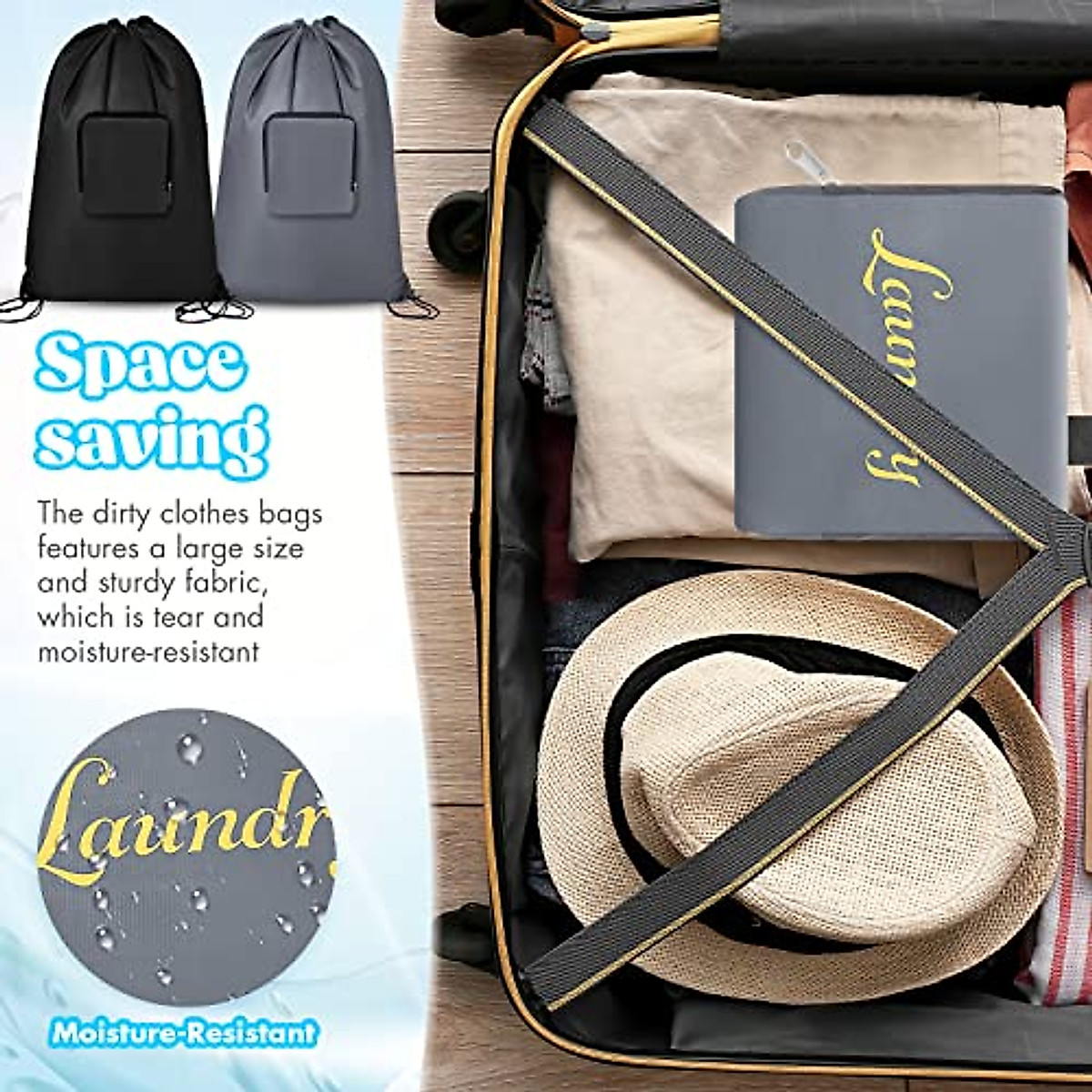 4 Pcs Travel Laundry Bag, Large Dirty Laundry Clothes Bag with Hook and Drawstring for Traveling Suitcase, Expandable and Portable Dirty Clothes Storage Bag for Travel, Camping, Gym, Dorm (Black&Grey)