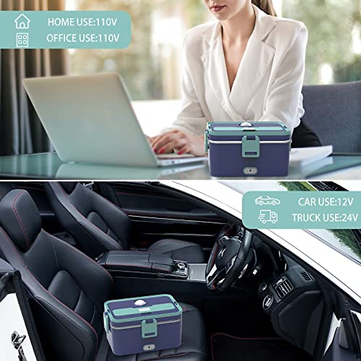 santado Electric Lunch Box Food Heater, [2023 Upgrade] 3 in 1 heated lunch boxes for adults, 1.8L and SS304 Container Heater Lunch Box, Portable Lunch Box Warmer for Car/Truck/Home(Blue+green)