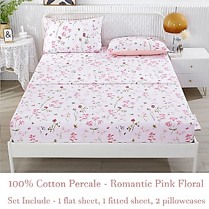 URBONUR 100% Egyptian Cotton Bed Sheets Full Size Set 4 Pcs,Cooling,Breathable Soft & Silky Percale Weave Floral Sheets Fits Mattress Up to 16" Deep Pocket (Pink Flowers & Bees, Full)