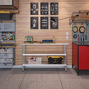 60" Long X 14" Deep Stainless Steel Work Table with 2 Shelves | Metal Food Prep Station | Commercial & Residential NSF Utility Table