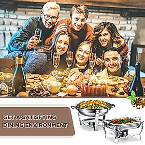 Riakrum 6 Pcs 5 Qt Chafing Dish Buffet Set Round and Rectangular Stainless Steel Chafer Complete Set Full Size Catering Chafer Warmer with Trays Pan Lid Folding Frame for Kitchen Party Banquet Dining