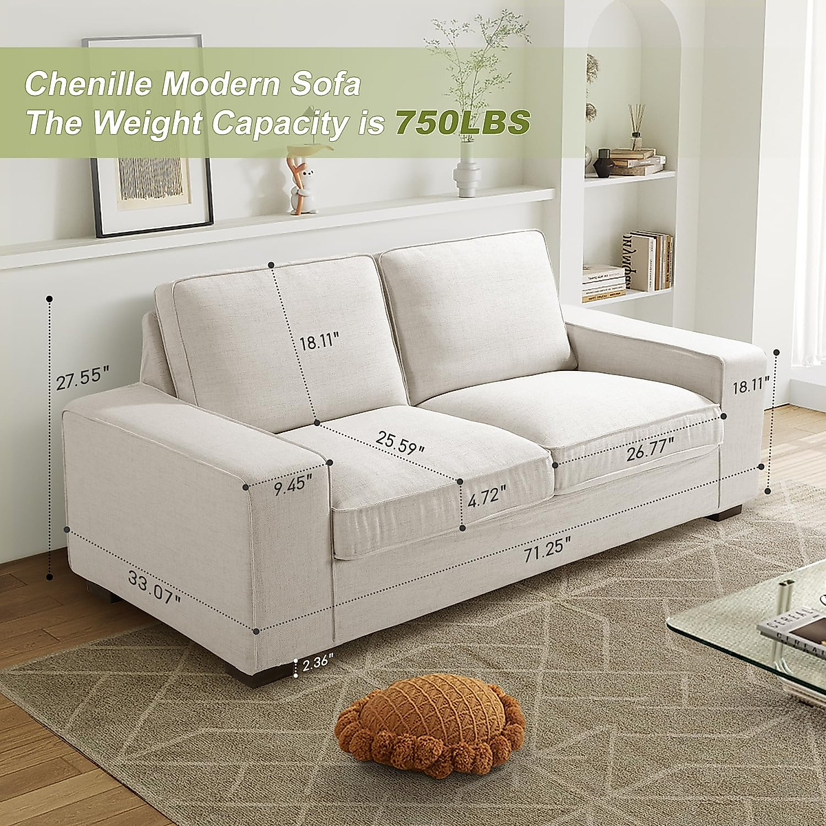 EASELAND 71.25" Loveseat Sofa Couch for Living Room, Chenille Modern Sofa Couch, Deep-Seated Sofa with Solid Wood, Metal and Removable Cover Easy to Install (2 Seats, Beige)