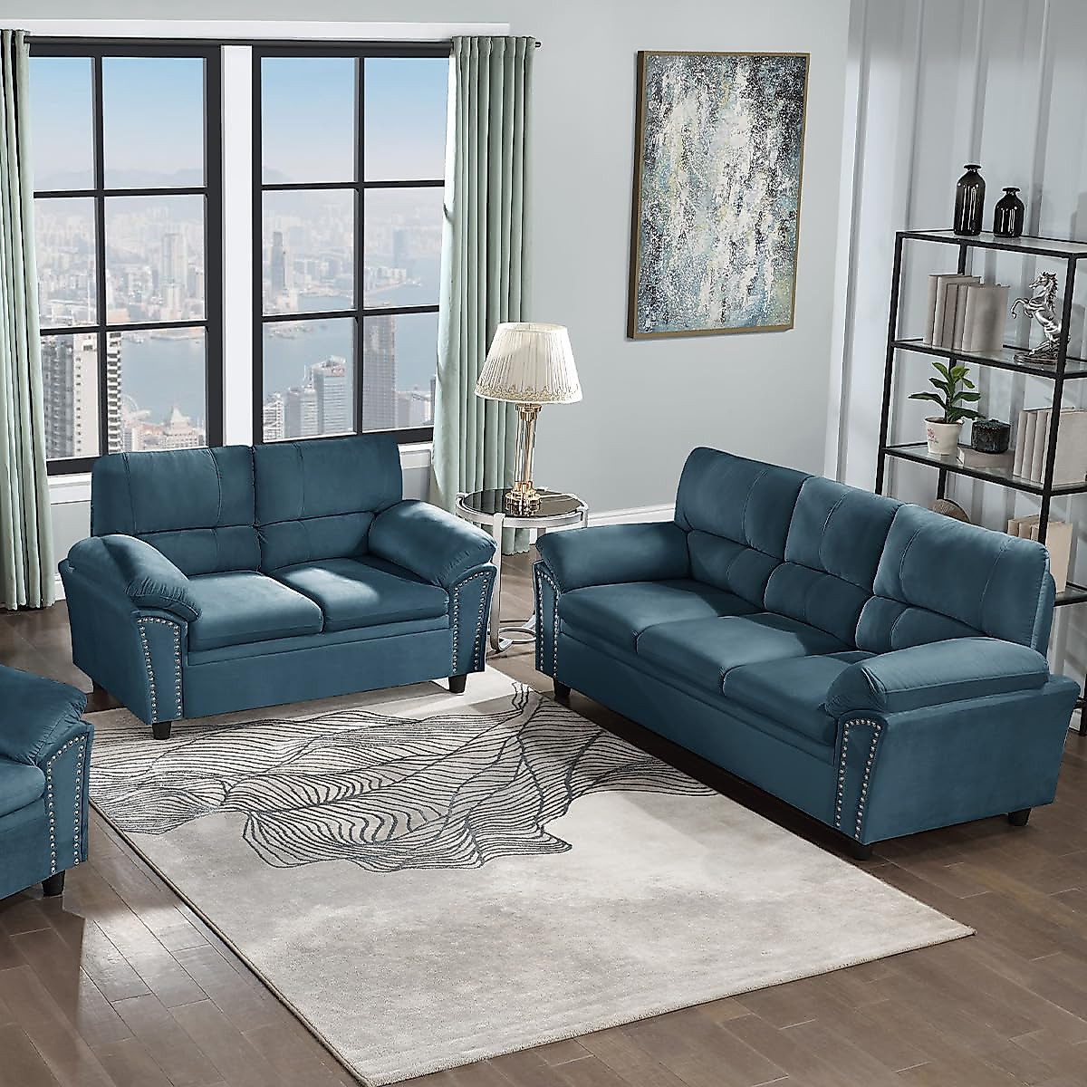 ERYE 2 Pieces Cushions Sectional Include 3 Seater Loveseat,Pillow-Top Armrest Velvet Upholstered Tufted Sofa & Couch W/Nailhead Decor for Home Office Apartment Living Room Furniture Sets, Blue 83.46"W
