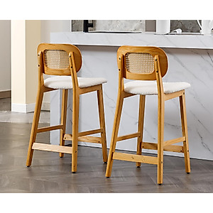 EALSON Counter Height Bar Stools Set of 2 Rattan Back Farmhouse Barstools Mid Century Modern Wood Bar Chairs Comfortable Sherpa Upholstered Kitchen Island Chairs for Pub/Breakfast Bar, Beige