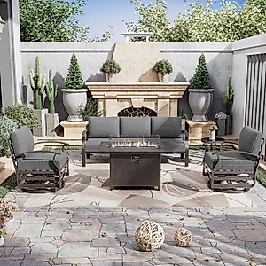 Kurapika Aluminum Patio Furniture Set 5-Seat Modern Metal Outdoor Conversation Sets w/45in Propane Fire Pit Table, Swivel Rocking Chairs Patio Sectional Sofa w/5.1in Cushion, Grey