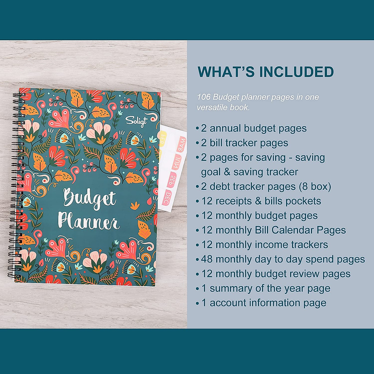 Monthly Budget Planner [Undated] with 12 Bill Pockets for Income, Debt, Saving, Expense and Bill Tracker Organizer, Blue, Floral Design