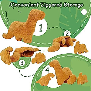 NEWYANG 4 Pieces Dino Nugget Pillow Set - Large Chicken Nugget Plush with 3 Dino Plush Toys, Creative Dinosaur Stuffed Animal Doll for Boys and Girls Birthday Gift Party Favors