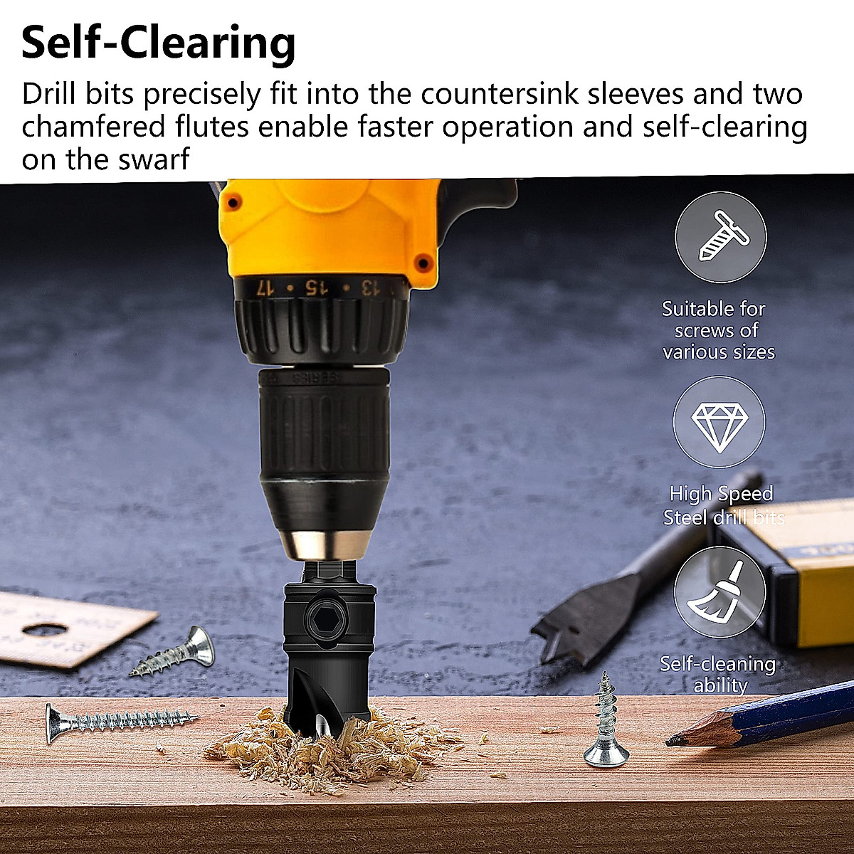 MulWark 82° Countersink Drill Bit Set incl. 5pcs Free Replaceable HSS Drill Bits for Wood｜3/8" Quick-Change -Chamfered Adjustable Drilling Tool Kit on Pilot Counter Sink Holes for Woodworking- 5 Pack