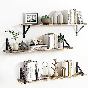 Fixwal Floating Shelves, 36 Inch Wall Bookshelf Set of 3, Large Floating Book Shelves for Wall Decor, Rustic Wood Wall Storage Shelves for Bedroom, Living Room, Kitchen, Bathroom (Carbonized Black)