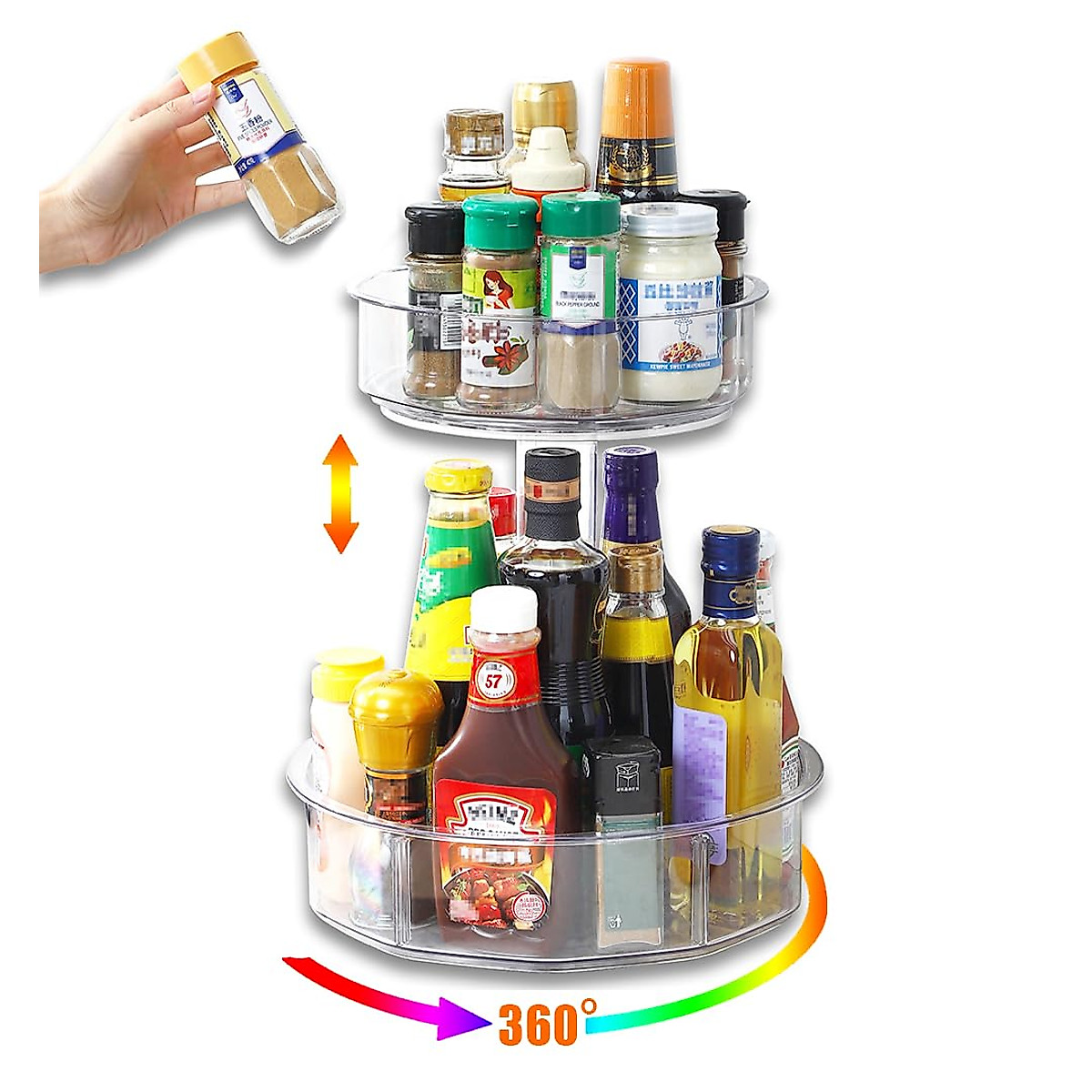 MOXOXKY 2 Tier Lazy Susan Organizer，11.5+9.2 inch Clear 360°Turntable Organizer, Lazy Susan Skin Care Organizer，Spice Rack Organizer for Cabinet for Kitchen, Pantry, Refrigerator, Table