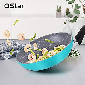 Qstar 12 in Granite Aluminum Nonstick Skillet Frying Pan in Blue with Lid and Cool Touch Handle
