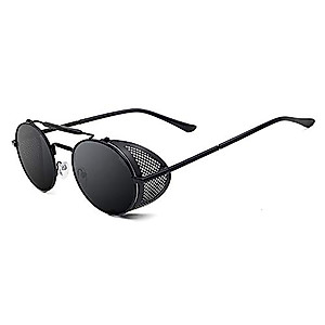 RONSOU Steampunk Style Round Vintage Sunglasses Retro Eyewear UV400 Protection Matel Frame black&grey